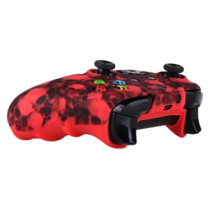 YoRHa Water Transfer Printing Skull Silicone Cover Skin Case for Microsoft Xbox One X & Xbox One S Controller x 1(red) with PRO Thumb Grips x 8