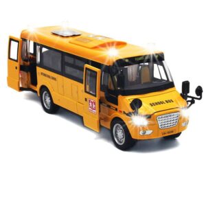 9" pull back school bus,light up & sounds die-cast metal toy vehicles with bright yellow and openable doors