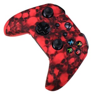 YoRHa Water Transfer Printing Skull Silicone Cover Skin Case for Microsoft Xbox One X & Xbox One S Controller x 1(red) with PRO Thumb Grips x 8