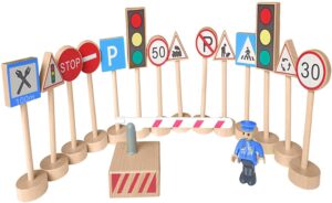 kaptin 15 pcs wooden street signs playset, traffic signs lights playset for children play