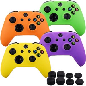 mxrc silicone rubber cover skin case anti-slip customize for xbox one/s/x controller x 4(green & orange & purple & yellow) + fps pro extra height thumb grips x 8