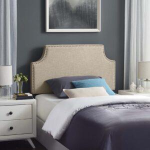 modway mod-5390 laura linen fabric upholstered twin size headboard with nailhead trim in beige