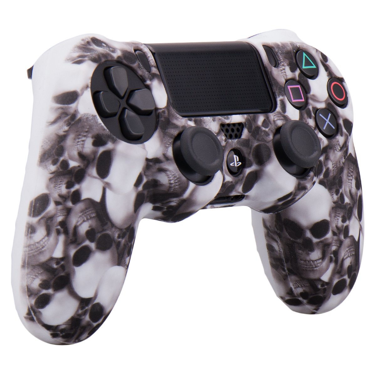 YoRHa Water Transfer Printing Skull Silicone Cover Skin Case for Sony PS4/slim/Pro Dualshock 4 Controller x 1(White) with Pro Thumb Grips x 8