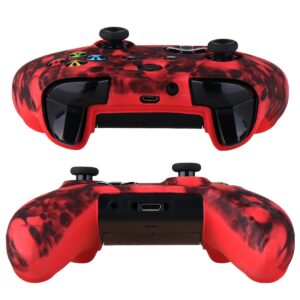 YoRHa Water Transfer Printing Skull Silicone Cover Skin Case for Microsoft Xbox One X & Xbox One S Controller x 1(red) with PRO Thumb Grips x 8