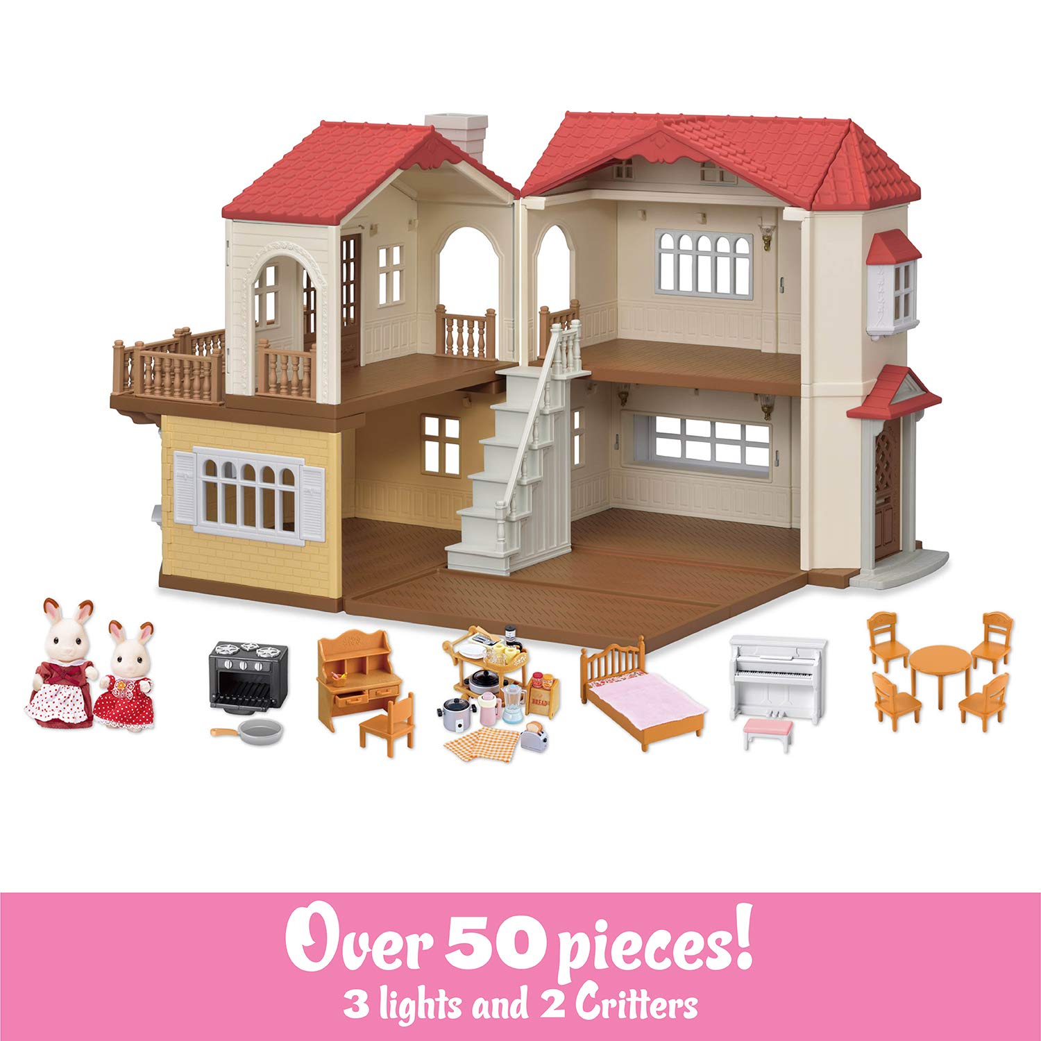 Calico Critters Red Roof Country Home - Dollhouse Playset with Figures, Furniture and Accessories for Ages 3+