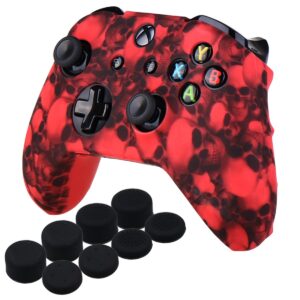 yorha water transfer printing skull silicone cover skin case for microsoft xbox one x & xbox one s controller x 1(red) with pro thumb grips x 8