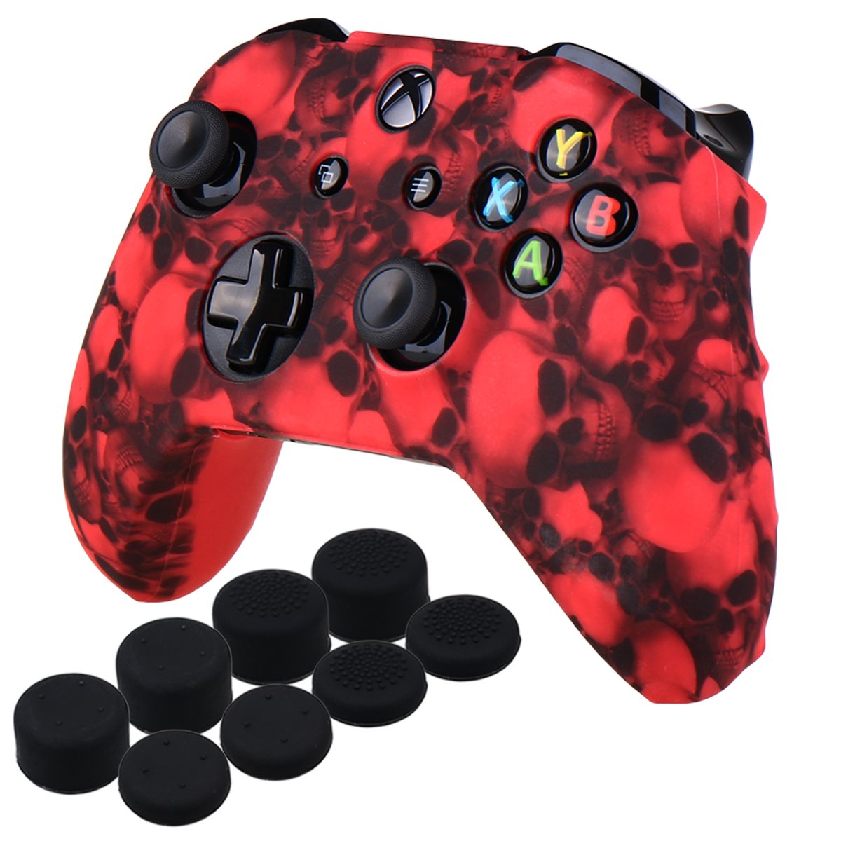 YoRHa Water Transfer Printing Skull Silicone Cover Skin Case for Microsoft Xbox One X & Xbox One S Controller x 1(red) with PRO Thumb Grips x 8