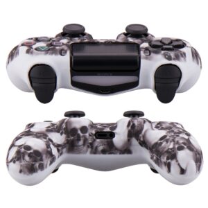 YoRHa Water Transfer Printing Skull Silicone Cover Skin Case for Sony PS4/slim/Pro Dualshock 4 Controller x 1(White) with Pro Thumb Grips x 8