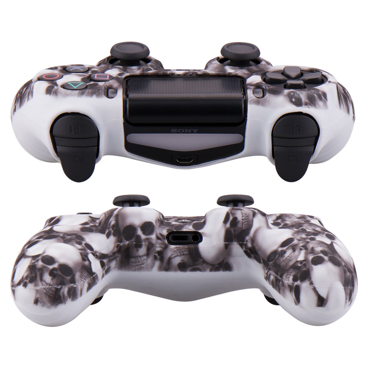 YoRHa Water Transfer Printing Skull Silicone Cover Skin Case for Sony PS4/slim/Pro Dualshock 4 Controller x 1(White) with Pro Thumb Grips x 8