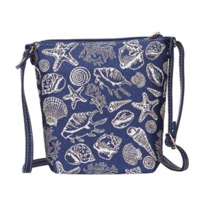 signare tapestry small crossbody bag sling bag for women with navy blue sea shell design (sling-shell)