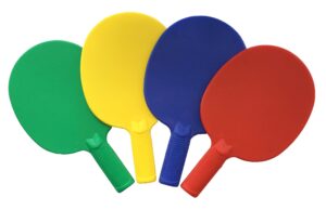 plastic ping pong paddles - complete set of 4 durable multi-color, blue, red, green, yellow paddles for kids or outdoor tables at camp, vacation, rec centers. textured for easy grip and light spin.