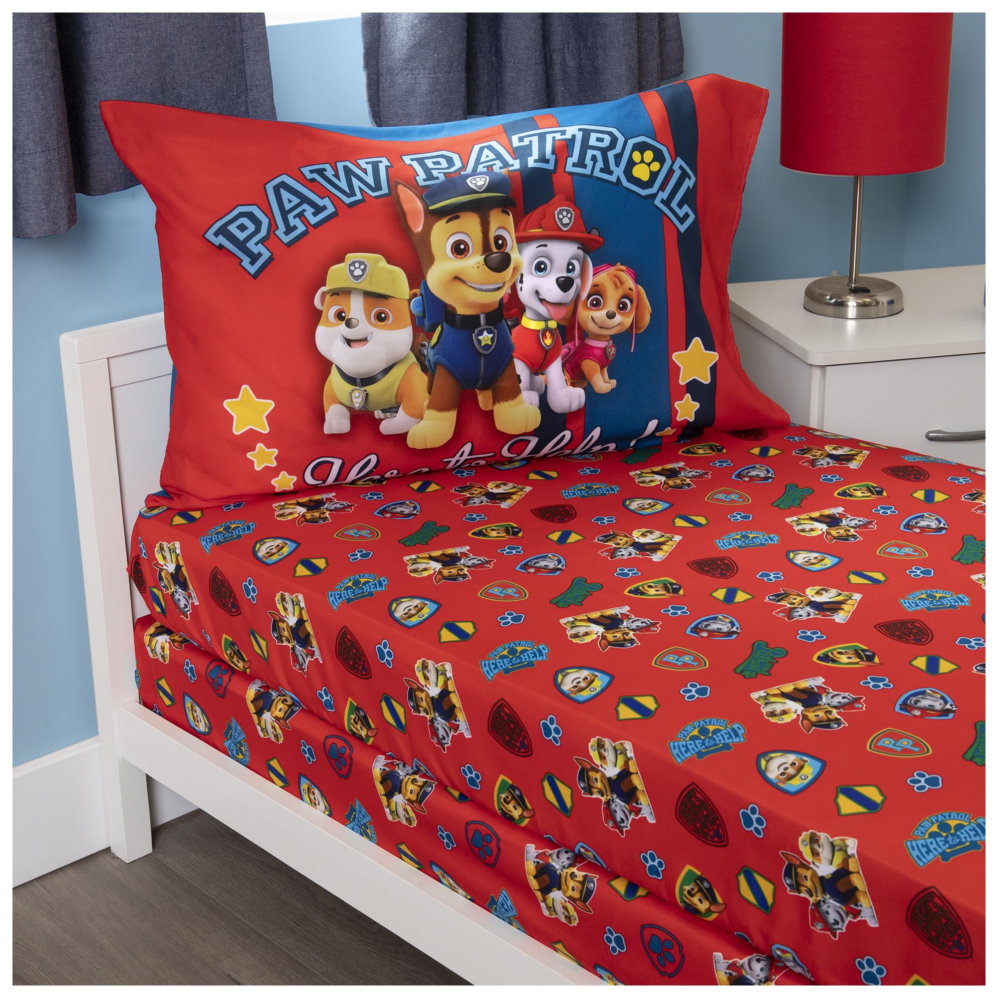 Paw Patrol Sheet Set - Fits Toddler Bed or Crib Mattress - Fitted Sheet and Reversible Pillowcase, Red