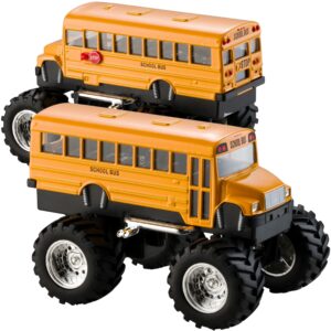 bedwina die cast yellow school bus - 2 pack set monster truck school bus, pull back car toys, play vehicles and gifts for kids great for party favors, stocking stuffers