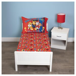 Paw Patrol Sheet Set - Fits Toddler Bed or Crib Mattress - Fitted Sheet and Reversible Pillowcase, Red