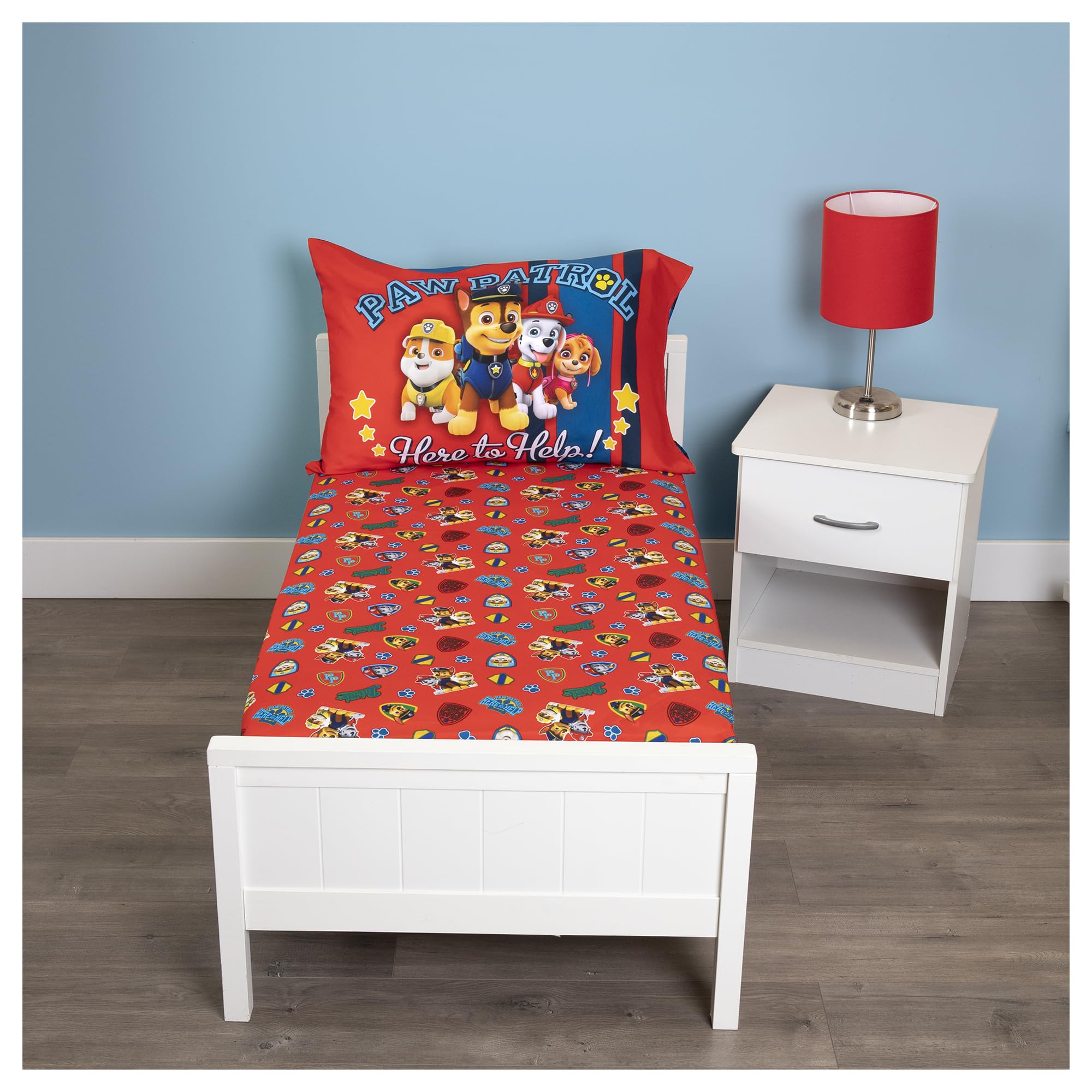 Paw Patrol Sheet Set - Fits Toddler Bed or Crib Mattress - Fitted Sheet and Reversible Pillowcase, Red