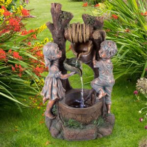 boy and girl outdoor water fountain - cascading waterfall with soothing sounds and 4 led lights for garden or patio by pure garden (antique bronze)