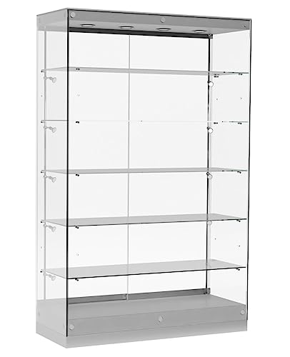 Displays2go, Illuminated Full Vision Cabinets, Tempered Glass, Painted MDF Construction – Clear, Silver Finish (GTAP48LEDS)