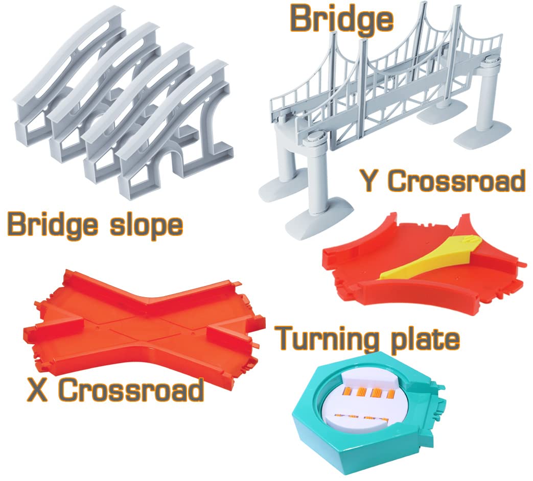 HAPISIMI Accessories Set Including 1 Bridge, 1 X-Crossroad, 1 Y Turning Point, 1 Turning Plate, Compatible with Magic Tracks and Other Flexible Tracks