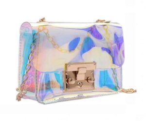 holographic clear purse crossover shoulder messenger bag laser sling purse with golden chain, transparent