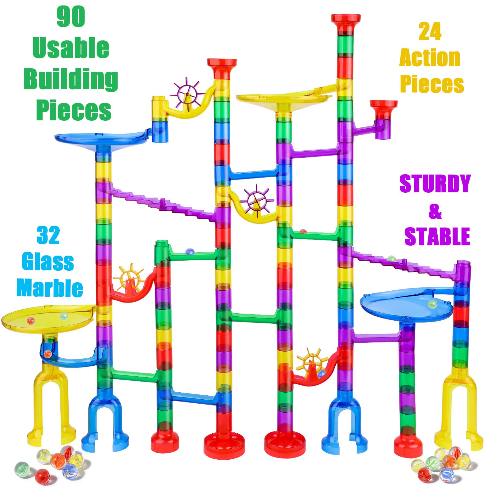 Gifts2U Marble Run Sets Kids, 122 PCS Marble Race Track Game 90 Translucent Marbulous Pieces + 32 Glass Marbles, STEM Marble Maze Building Blocks Kids 4+ Year Old