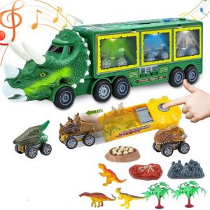 dinosaur toys for 3+ year olds, dinosaur toy truck for kids 3-7 with flashing lights, music, 13 in 1 dinosaur toys for kids, 3 pull back dinosaur cars, 3 dinosaur toys and 1 dinosaur carrier truck