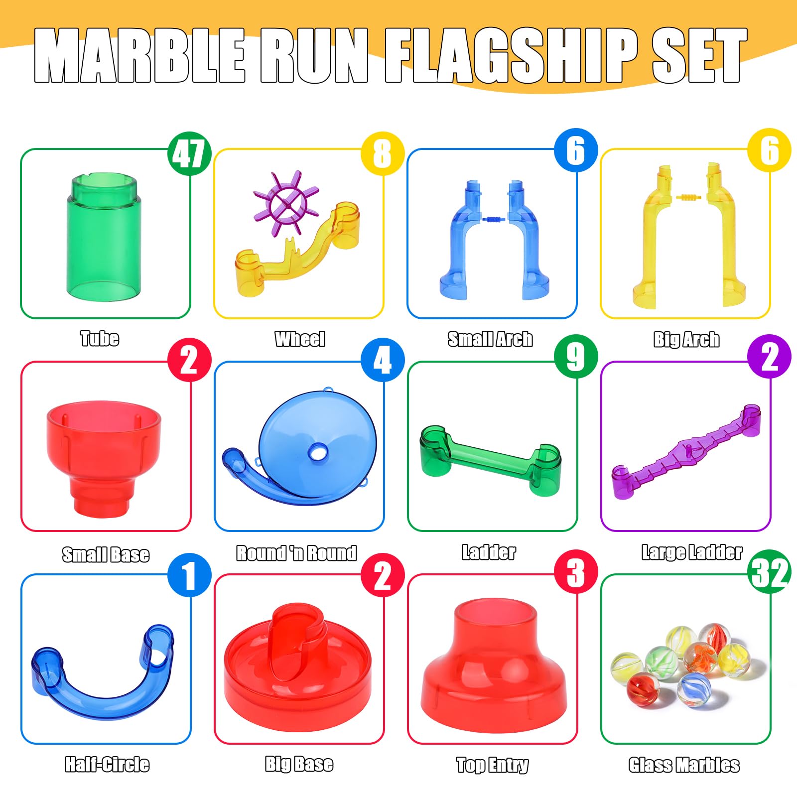 Gifts2U Marble Run Sets Kids, 122 PCS Marble Race Track Game 90 Translucent Marbulous Pieces + 32 Glass Marbles, STEM Marble Maze Building Blocks Kids 4+ Year Old