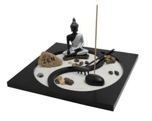 royal brands yin and yang zen garden with buddha, rake, sand and rock garden, and incense holder – peace and tranquility (9"x9"x6")