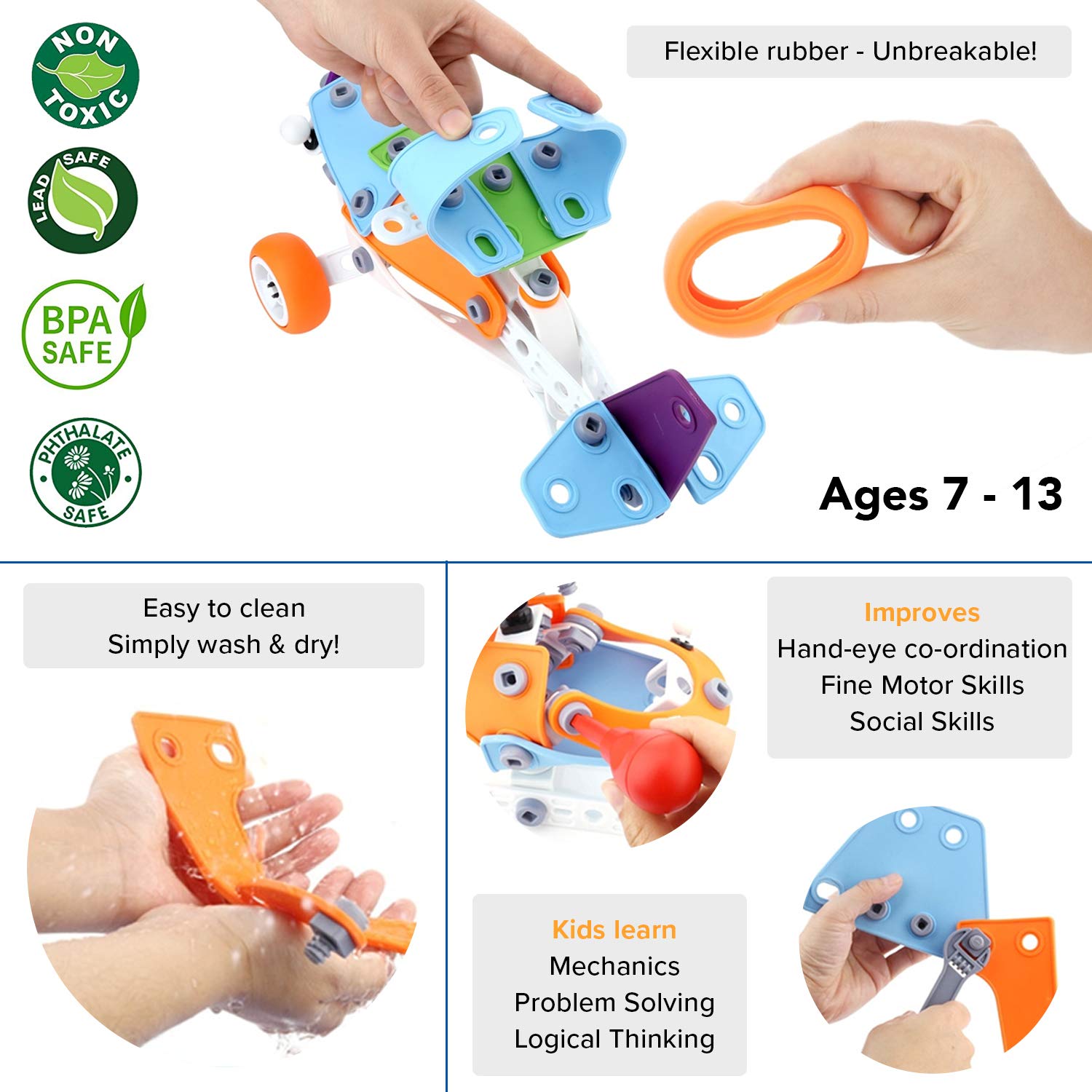 Toy Pal 7in1 STEM Toys for 6 7 8+ Year Old Boys Girls - 163 Pcs Engineering Construction Building Educational Toy for Boys Age 6-8 | STEM Activities Fun Birthday Gift