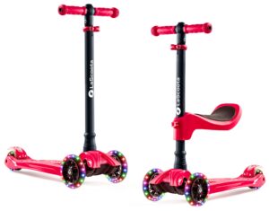 lascoota 2-in-1 kids kick scooter, adjustable height handlebars and removable seat, 3 led lighted wheels and anti-slip deck, for boys & girls aged 3-12 and up to 100 lbs.