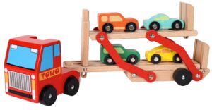 towo wooden car transporter toy double decker trailer with 4 cars ramp racer - wooden car toy truck carrier for 3 years old boys vehicle toys for kids