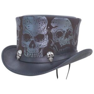 american hat makers silver skull top hat - laser engraved - top grain black leather hat, large