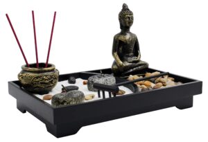 royal brands zen garden with buddha, rake, rock candle, and incense holder – peace and tranquility (9"x6"x7")