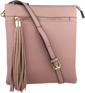 b brentano vegan double-zip pocket crossbody handbag purse wih big tassel accent (blush)