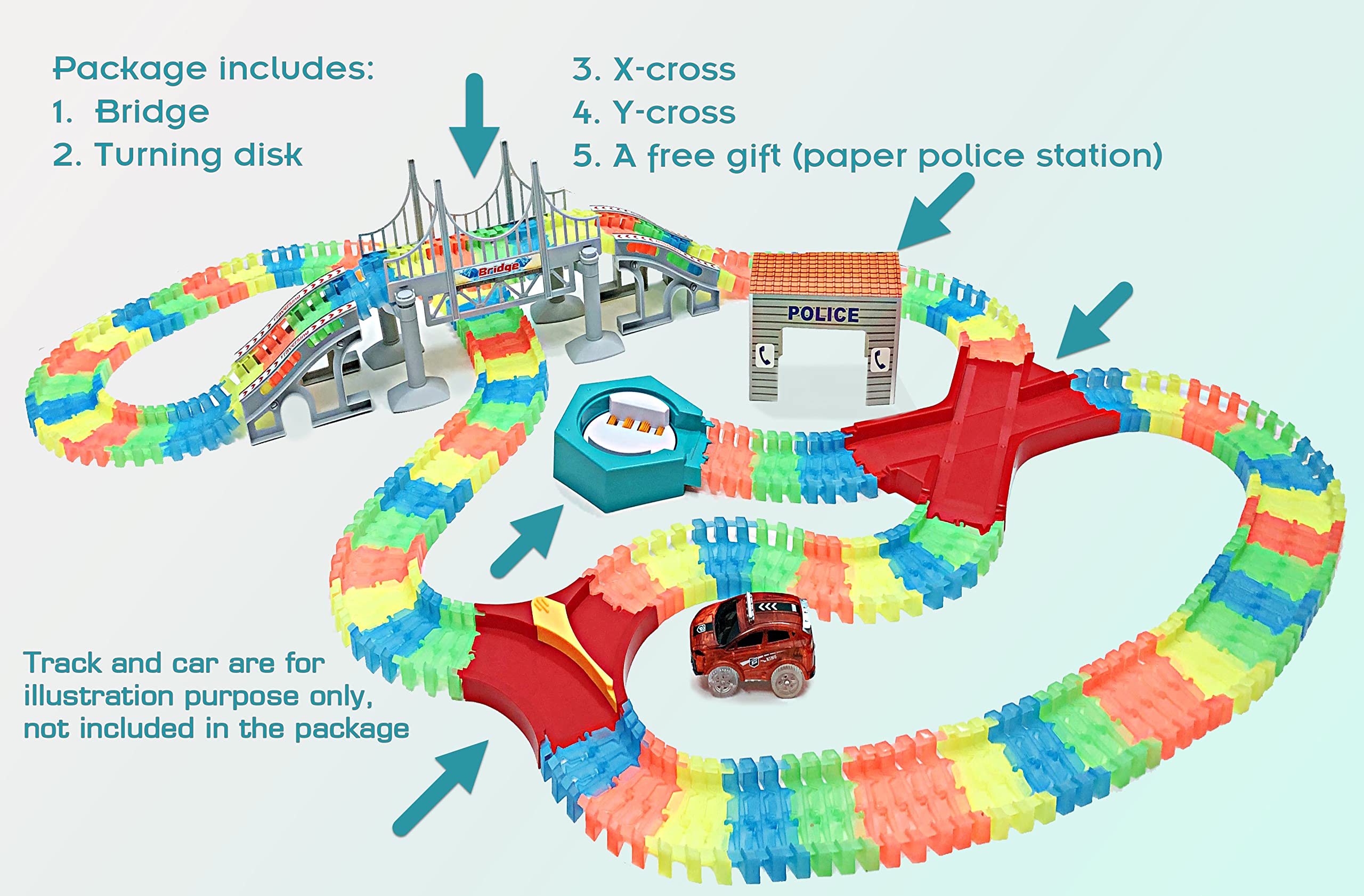 HAPISIMI Accessories Set Including 1 Bridge, 1 X-Crossroad, 1 Y Turning Point, 1 Turning Plate, Compatible with Magic Tracks and Other Flexible Tracks