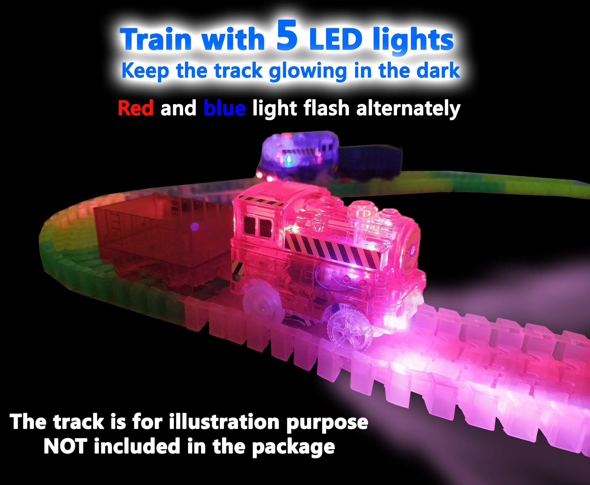 HAPISIMI Track Train (2-Pack), Multi-Color Light Up Flashing LED Glow in The Dark Trains Accessories Compatible with Neo and Most Other Tracks