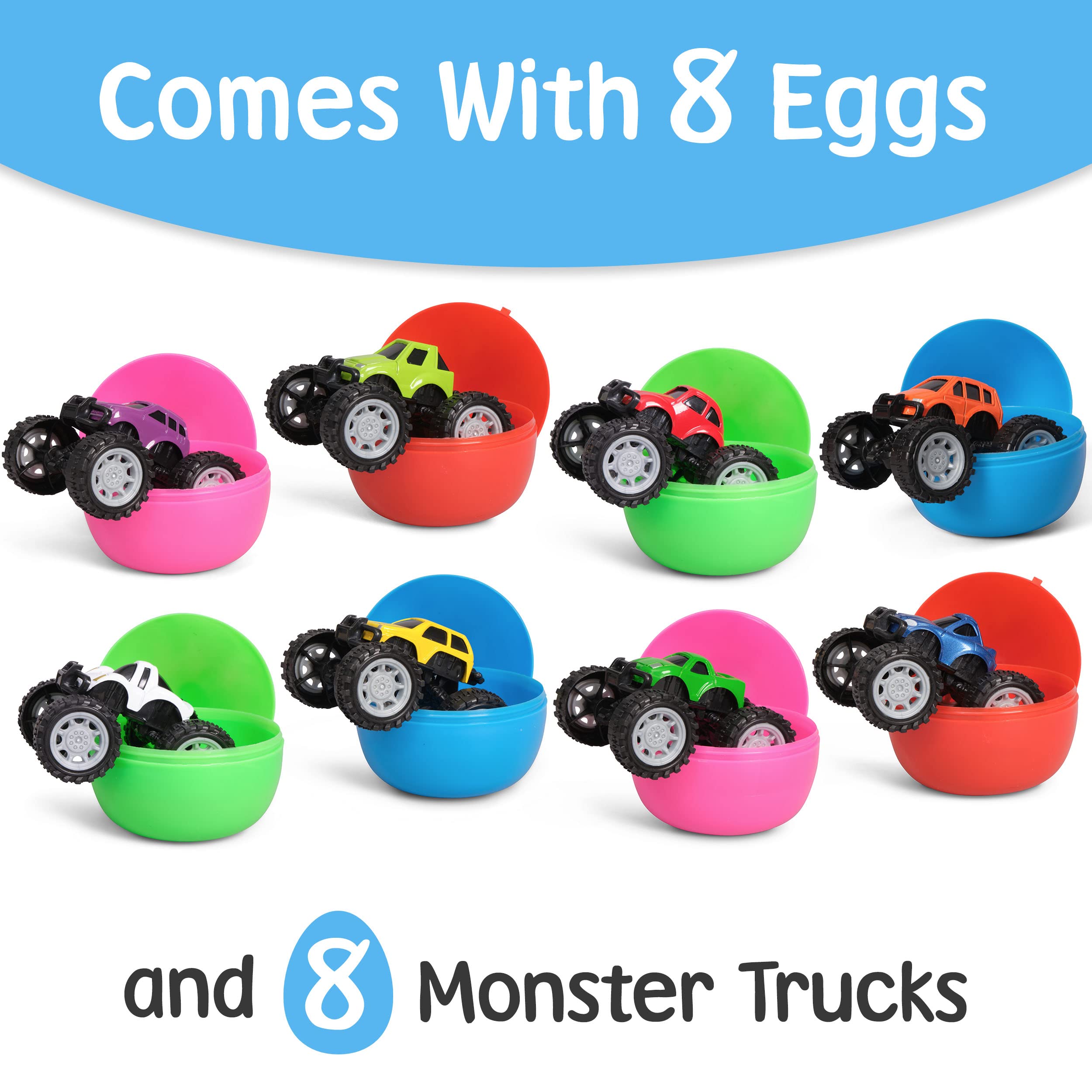 PREXTEX Jumbo Easter Eggs Filled with DIY Plastic Kids Monster Truck Toys | Easter Monster Truck Party Favor and Supplies | Filled Easter Eggs for Boys and Girls - Monster Truck Easter Eggs