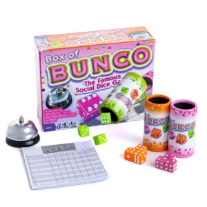 continuum games box of bunco game party box for ladies night with the girls, adult games for 2-12 players with 3 sets of bunco dice, bell, and score pad for ladies night games, bunco gifts for women