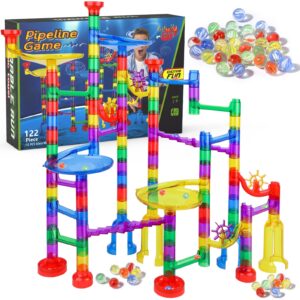 gifts2u marble run sets kids, 122 pcs marble race track game 90 translucent marbulous pieces + 32 glass marbles, stem marble maze building blocks kids 4+ year old