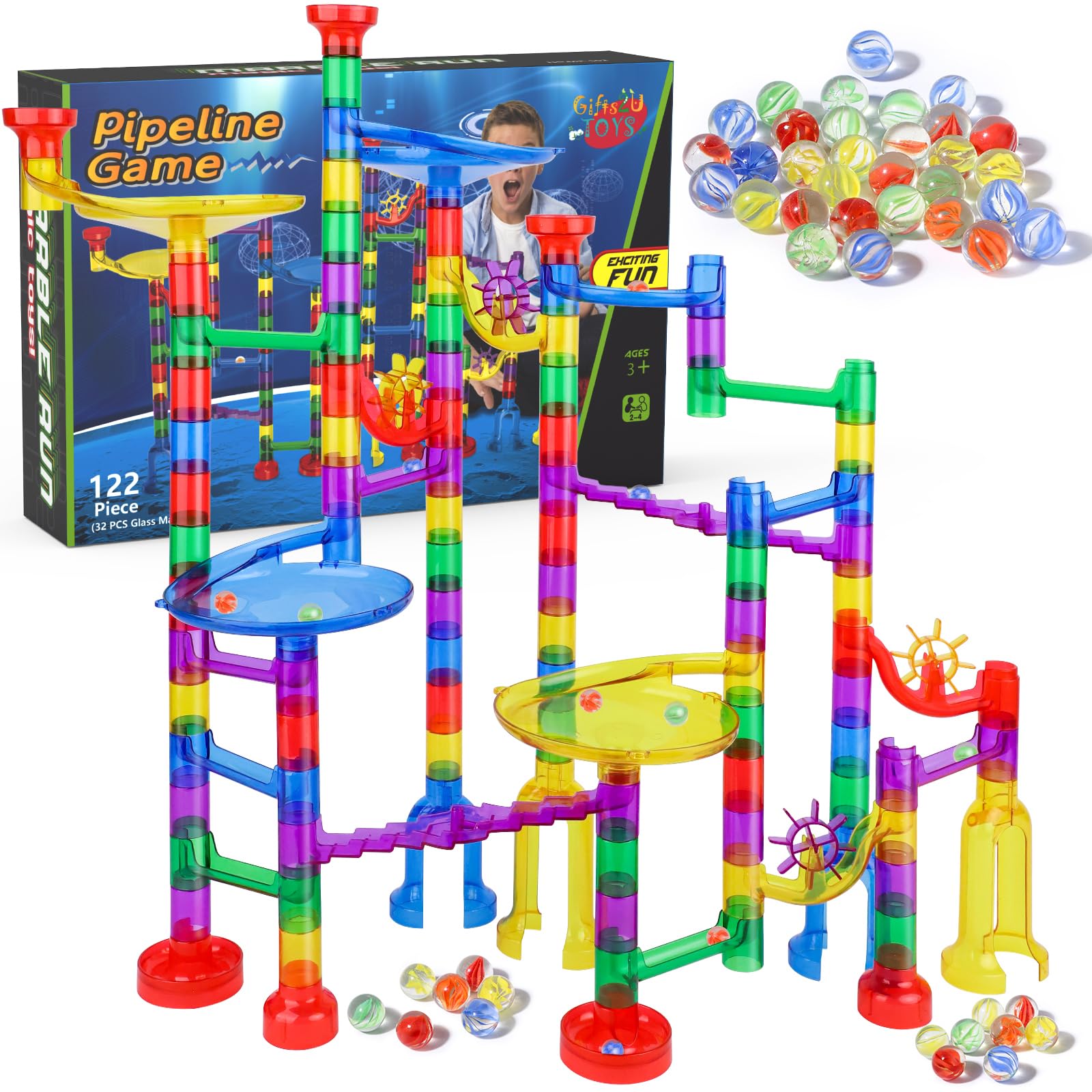 Gifts2U Marble Run Sets Kids, 122 PCS Marble Race Track Game 90 Translucent Marbulous Pieces + 32 Glass Marbles, STEM Marble Maze Building Blocks Kids 4+ Year Old