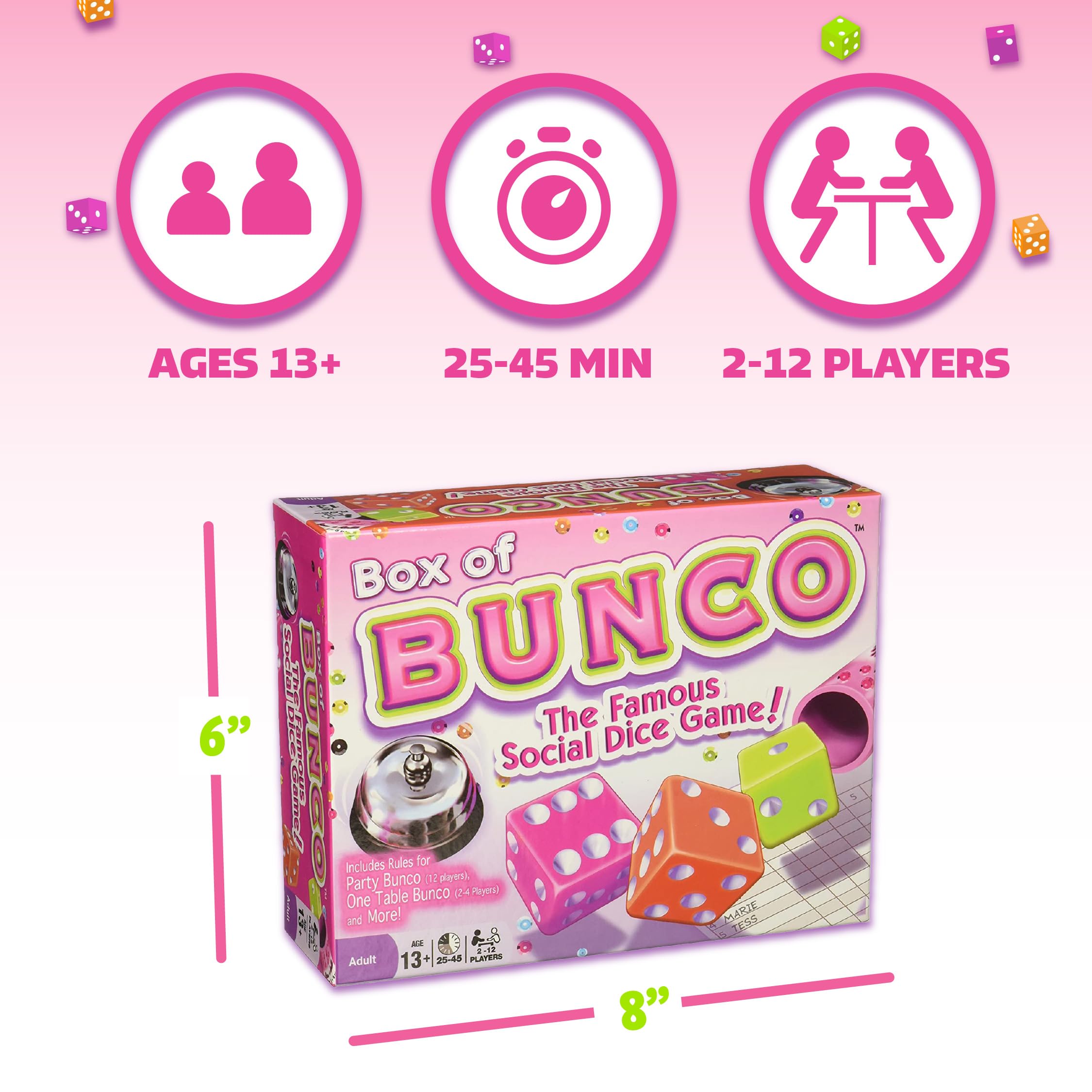 Continuum Games Box of Bunco Game Party Box for Ladies Night with The Girls, Adult Games for 2-12 players with 3 Sets of Bunco Dice, Bell, and Score Pad for Ladies Night Games, Bunco Gifts for Women