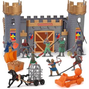 liberty imports medieval castle kingdom knights action figure toy army playset with castle, figurines, catapult, and acessories kids playset in storage bucket