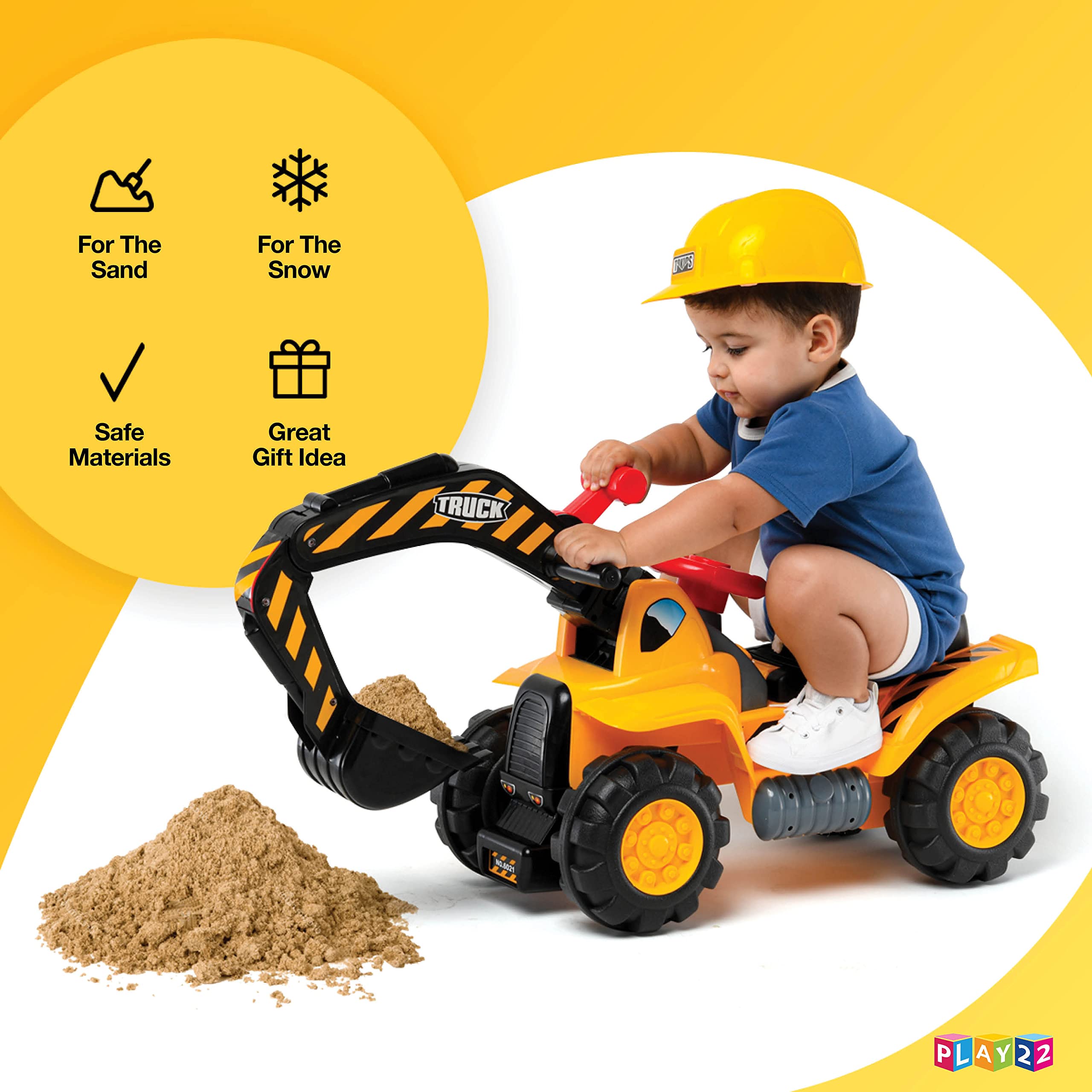 Play22 Toy Tractors for Kids Ride On Excavator - Music Sounds Digger Scooter Bulldozer Includes Helmet with Rocks - Pretend Play - Toddler Construction Truck