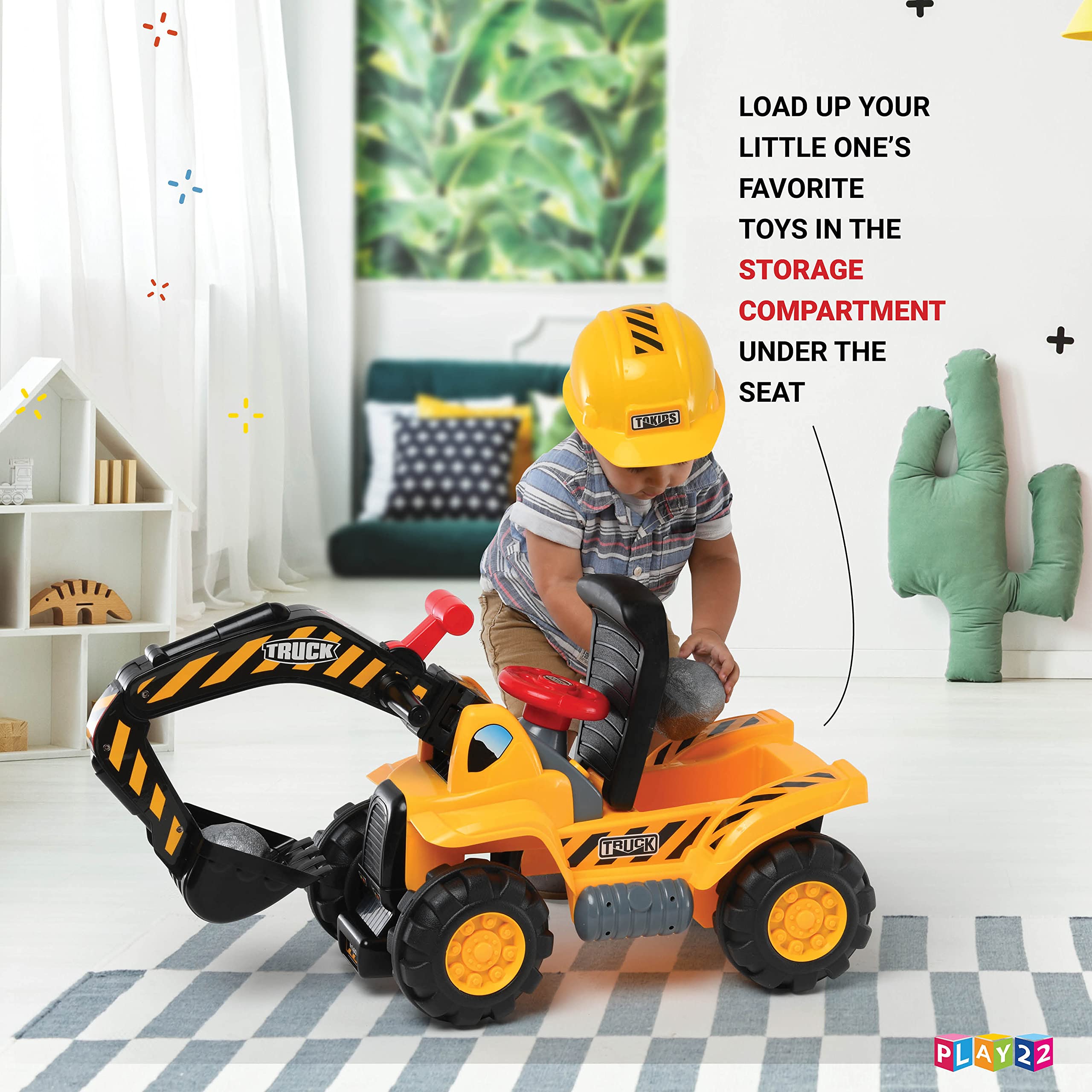 Play22 Toy Tractors for Kids Ride On Excavator - Music Sounds Digger Scooter Bulldozer Includes Helmet with Rocks - Pretend Play - Toddler Construction Truck