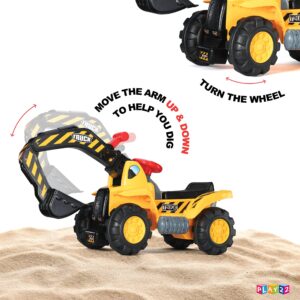 Play22 Toy Tractors for Kids Ride On Excavator - Music Sounds Digger Scooter Bulldozer Includes Helmet with Rocks - Pretend Play - Toddler Construction Truck