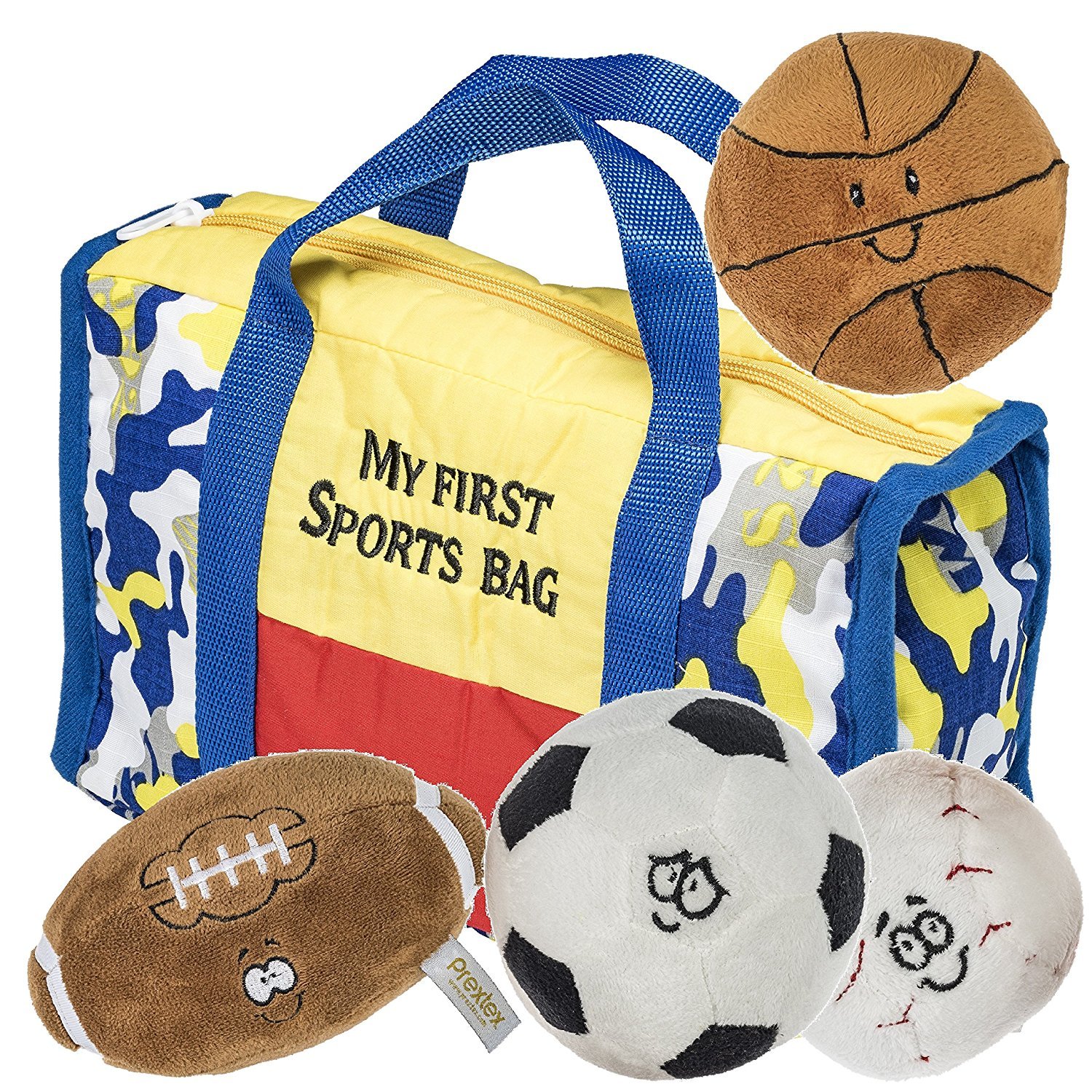 PREXTEX My First Sports Bag Playset with Stuffed Plush Basketball, Baseball, Soccer Ball and Football Great Gift Toy for Baby and Kid