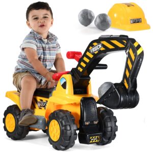 Play22 Toy Tractors for Kids Ride On Excavator - Music Sounds Digger Scooter Bulldozer Includes Helmet with Rocks - Pretend Play - Toddler Construction Truck