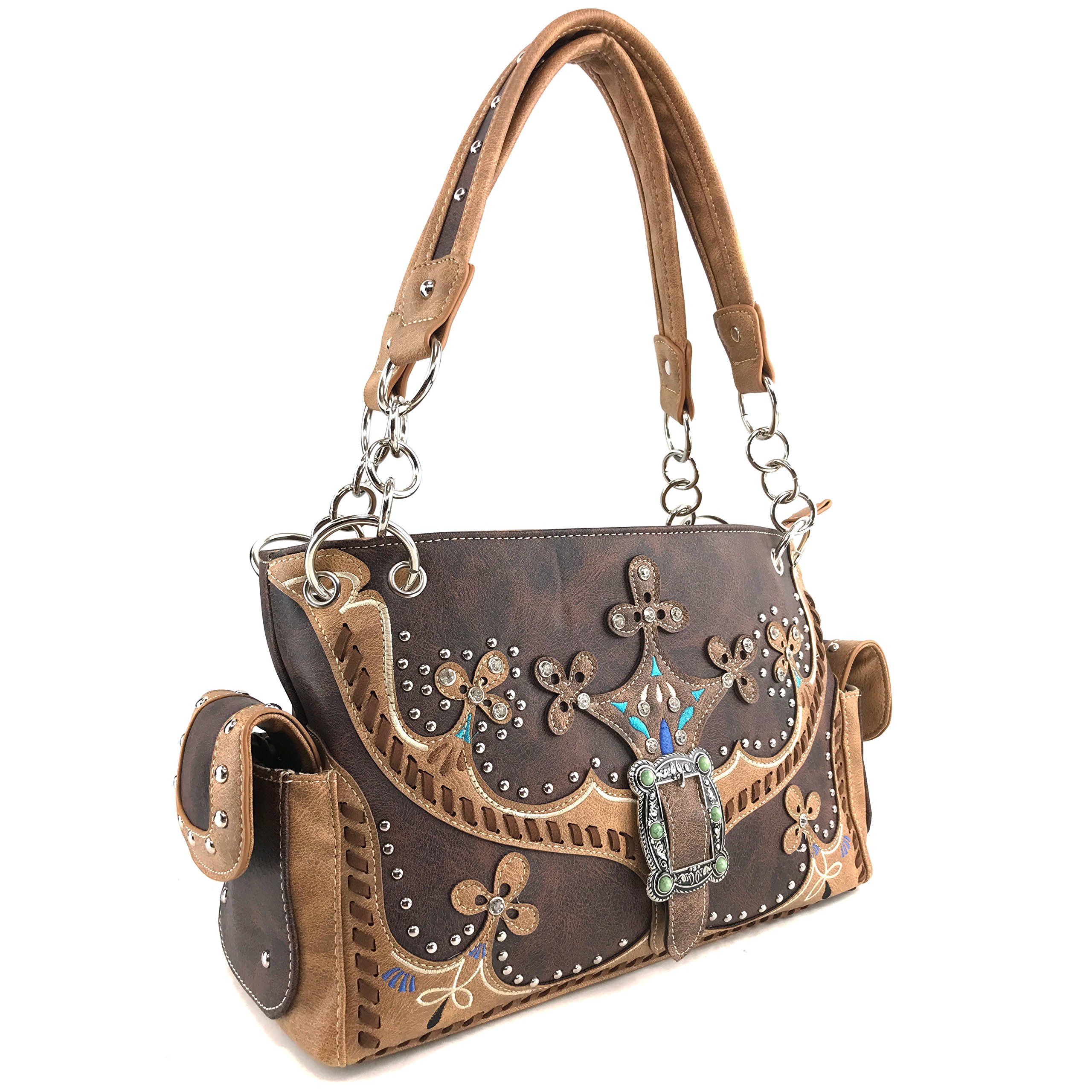 Justin West Spring Floral Buckle Moccasin Native Tribal Concealed Carry Handbag Purse (Brown Handbag Only)