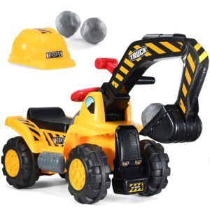 play22 toy tractors for kids ride on excavator - music sounds digger scooter bulldozer includes helmet with rocks - pretend play - toddler construction truck