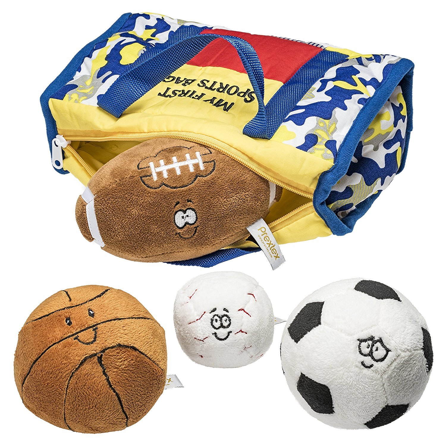 PREXTEX My First Sports Bag Playset with Stuffed Plush Basketball, Baseball, Soccer Ball and Football Great Gift Toy for Baby and Kid