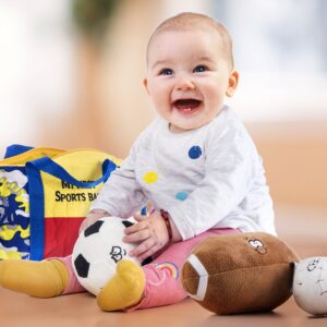 PREXTEX My First Sports Bag Playset with Stuffed Plush Basketball, Baseball, Soccer Ball and Football Great Gift Toy for Baby and Kid